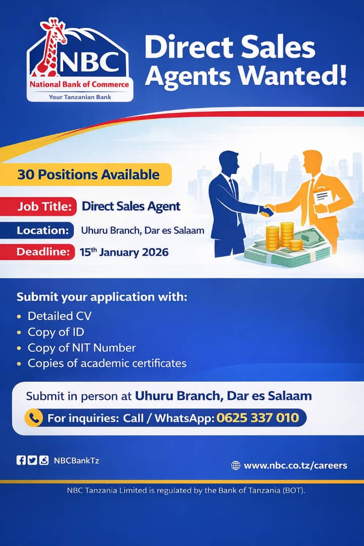 NBC Bank Tanzania Hiring 30 Direct Sales Kariakoo Uhuru Branch